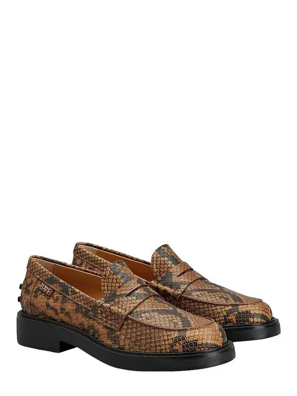 TOD'S Embossed Leather Loafers - Dark Brown