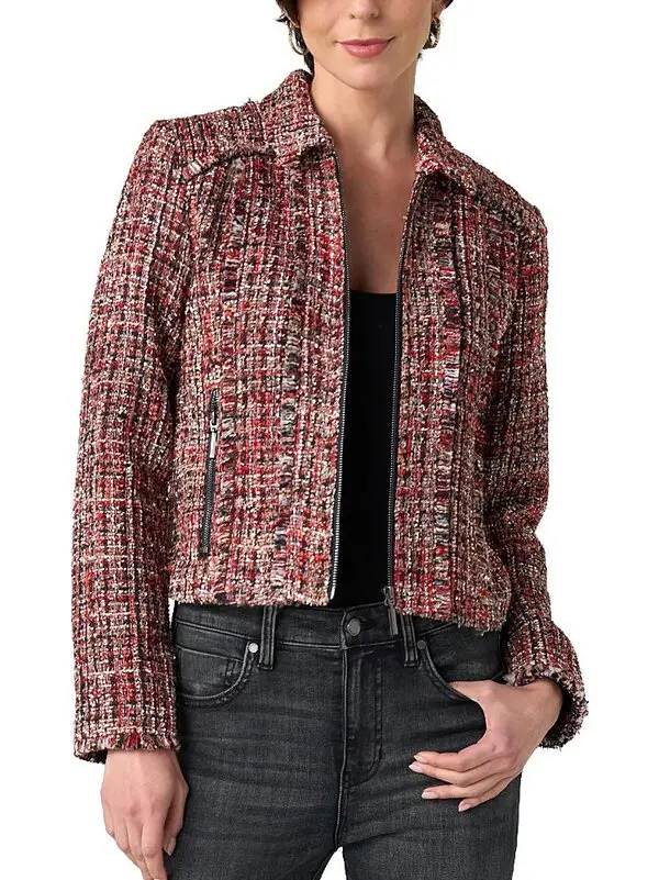 LIVERPOOL Zip Front Fringe Trim Tweed Jacket - Red/ Multi