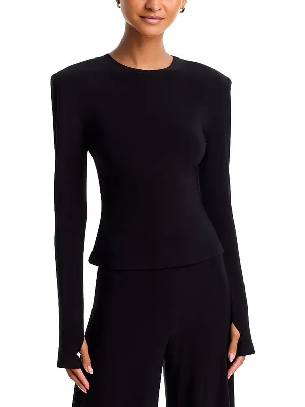 Norma Kamali Shoulder Pad Long Sleeve Crewneck Top - Black