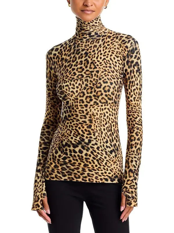 Norma Kamali Slim Fit Printed Turtleneck Top - Cheetah Patch