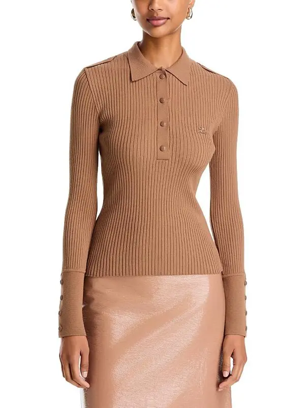 COURREGES Rib Knit Long Sleeve Polo Sweater - Bronzer