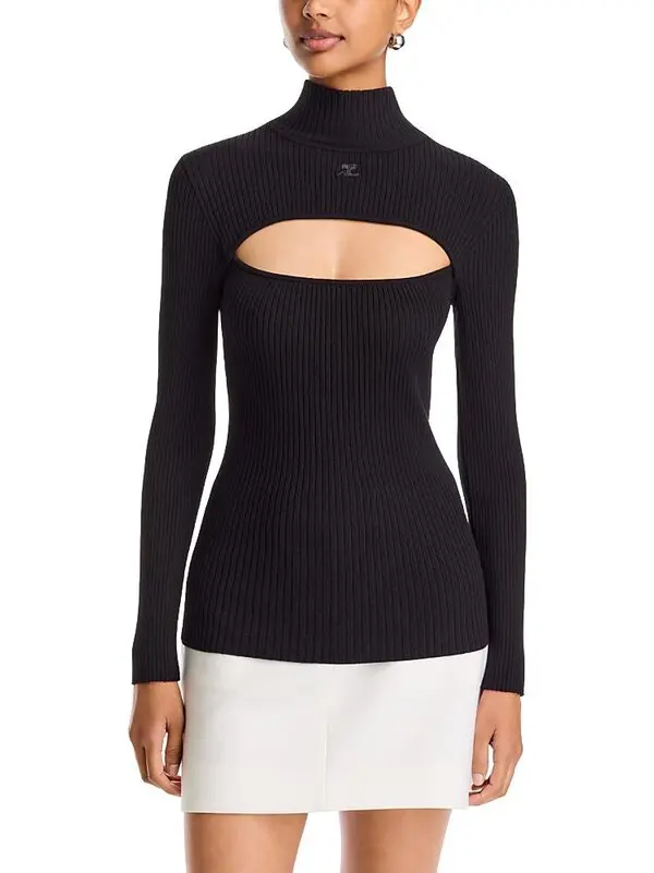 COURREGES Rib Knit Slash Mock Neck Sweater - Black
