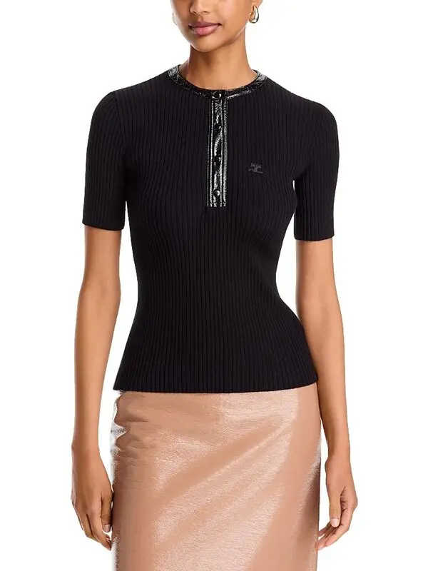 COURREGES Contrasted Vinyl Rib Knit Short Sleeve Top - Black