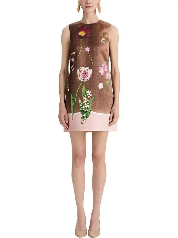 Oscar De La Renta Mixed Botanical Satin Dress - Blush/brown
