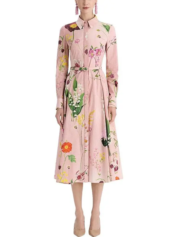 Oscar De La Renta Collared Mixed Botanical Dress - Blush Multi