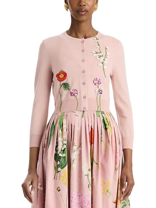 Oscar De La Renta Embroidered Crewneck Cardigan Sweater - Blush