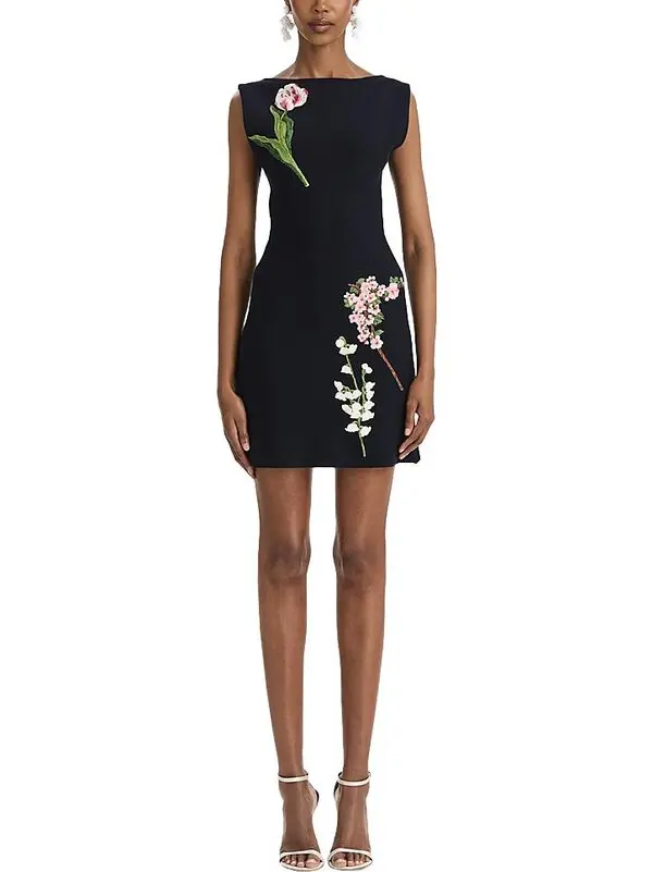 Oscar De La Renta Embroidered Wool Mini Dress - Navy