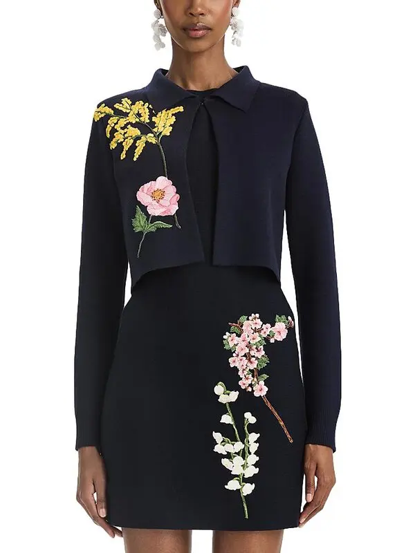 Oscar De La Renta Wool Embroidered Knit Jacket - Navy