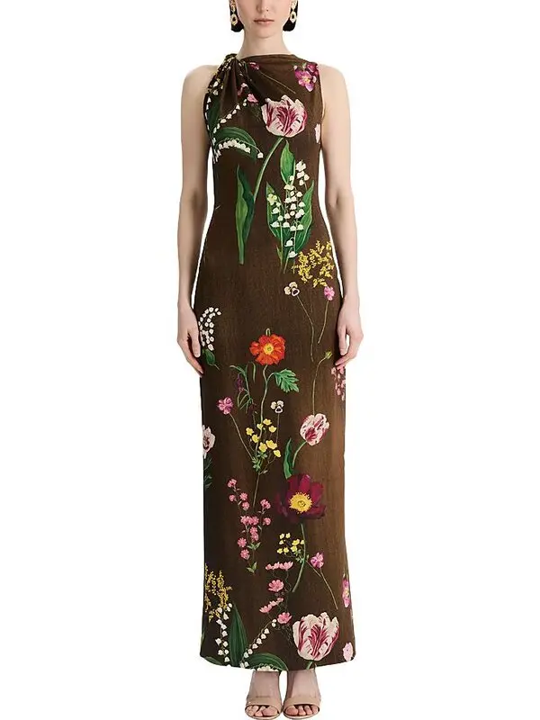 Oscar De La Renta Mixed Botanical Milano Jersey Maxi Dress - Brown Multi