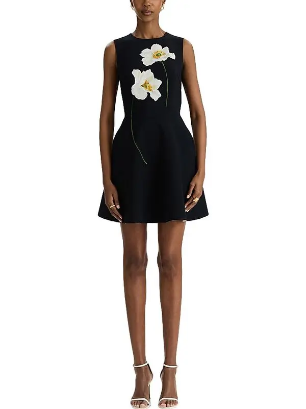 Oscar De La Renta Peony Print Wool Blend Day Dress - White/navy