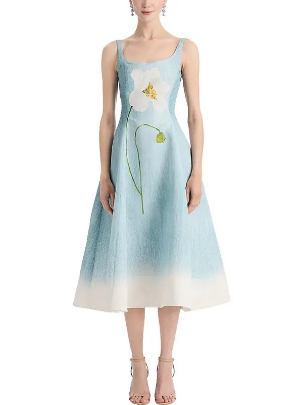 Oscar De La Renta Sleeveless Scoop Neck Peony Print Faille Dress - White/blue