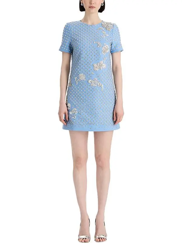 Oscar De La Renta Short Sleeve Embellished Floral Dress - Talc Blue