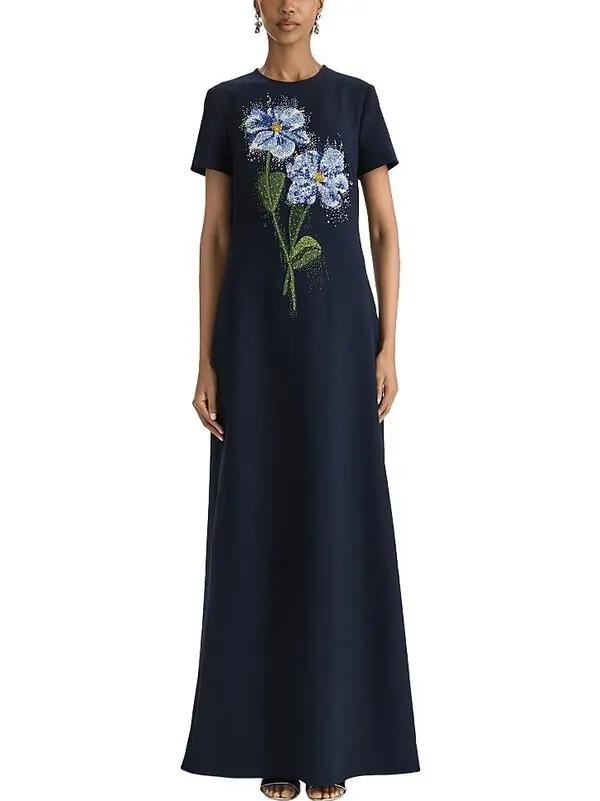 Oscar De La Renta Short Sleeve Embellished Floral Caftan - Navy