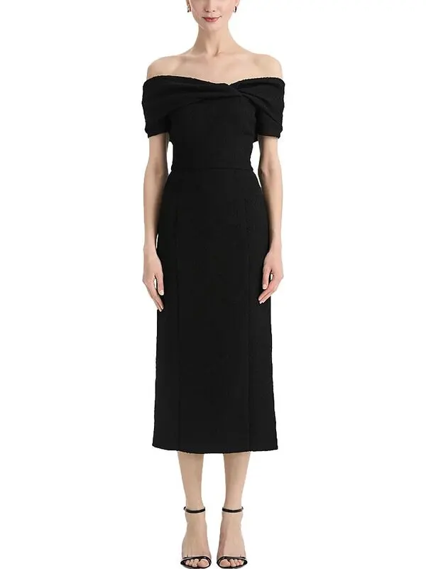 Oscar De La Renta Off-the-shoulder Slubby Tweed Midi Dress - Black