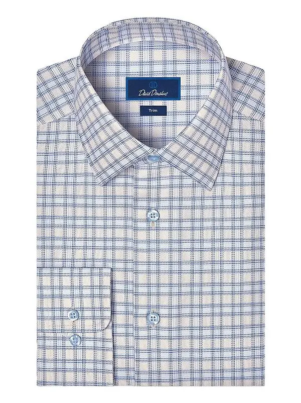 David Donahue Trim Fit Dobby Check Cotton Dress Shirt - Sand/ Blue