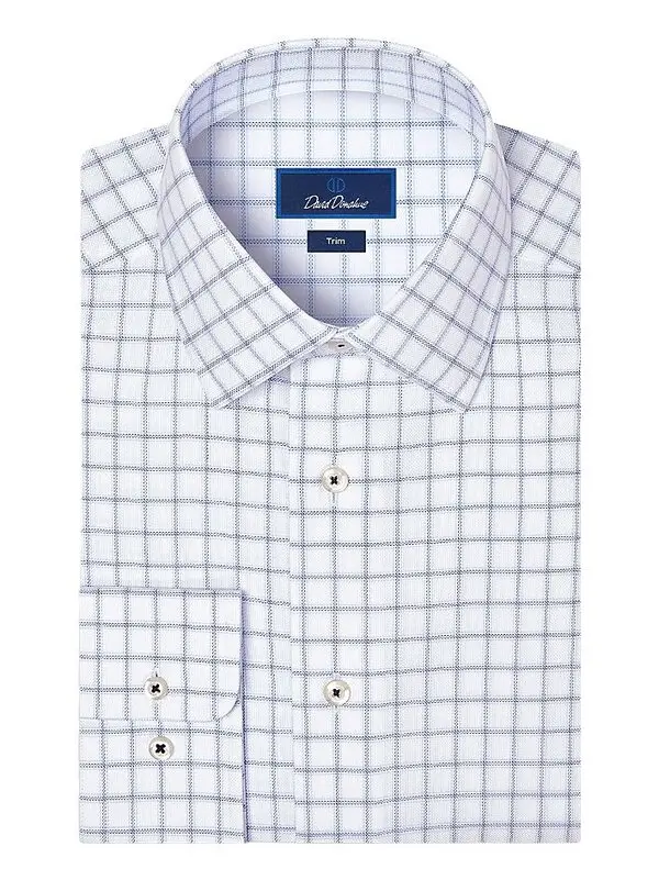 David Donahue Trim Fit Windowpane Cotton Check Dress Shirt - White/ Navy