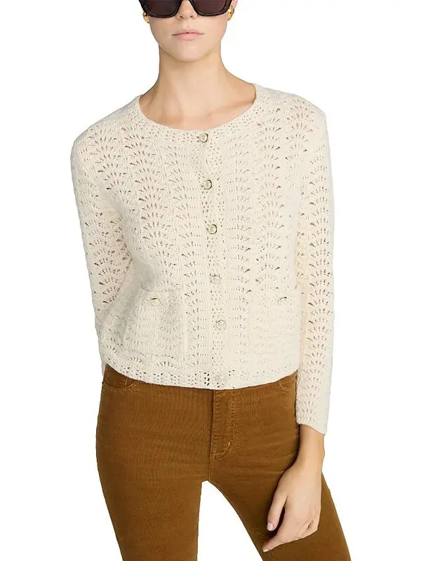 FRAME Chevron Cotton & Wool Crewneck Cardigan Sweater - Biscuit