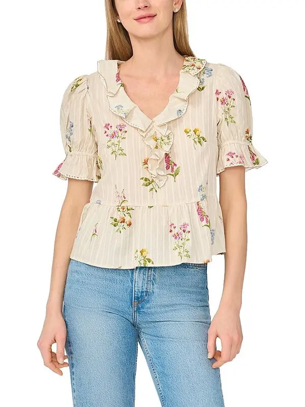 CECE DUPRAZ Ruffled Floral Cotton Top - Vanilla
