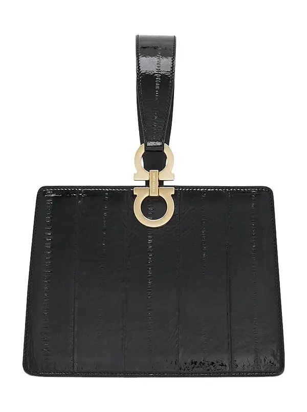 FERRAGAMO Eel Leather Clutch With Gancini Clasp - Black