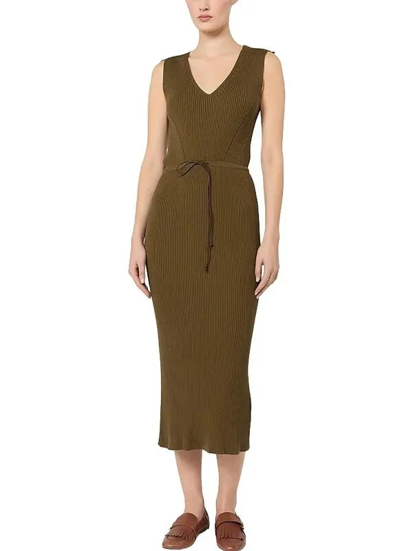 Max Mara Ribbed Knit Midi Dress With Tie Detail - Mud