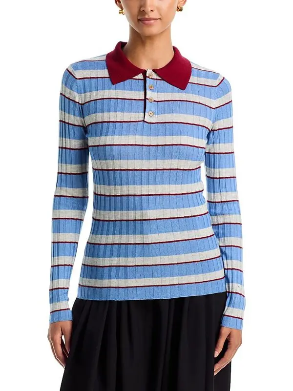 Brandon Maxwell Joni Silk And Cashmere Knit Polo Top - Blue Stripe