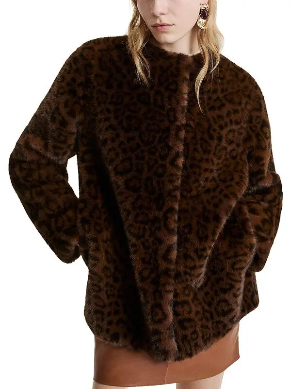 Marella Faux Fur Jacket With Leopard Print - Cocoa