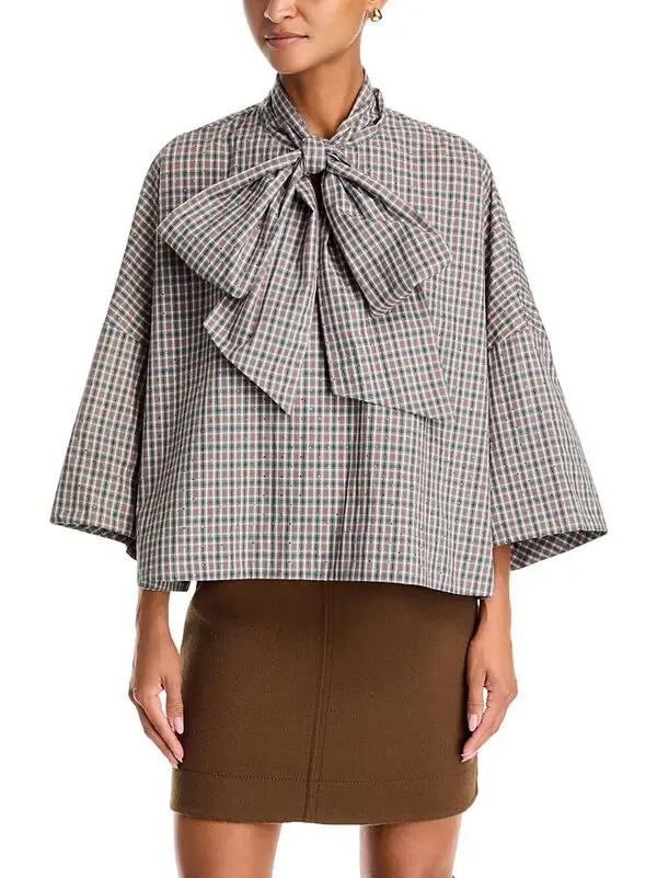 Essentiel Antwerp Plaid Bow Detail Top With Rhinestones - Steele Pulse