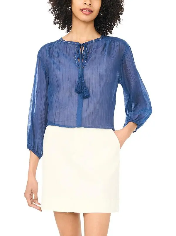 Vince Camuto Split Neck Peasant Blouse With Tassel Detail - Classic Navy