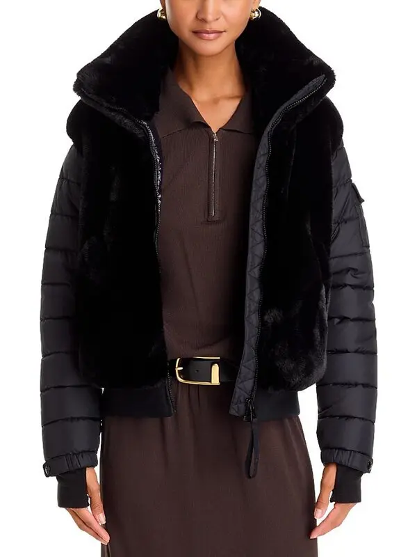 Aqua Faux Fur Mixed Media Bomber Jacket - Black/black