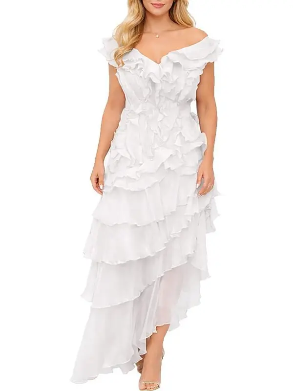 Shani Asymmetrical Tiered Ruffle Gown - White