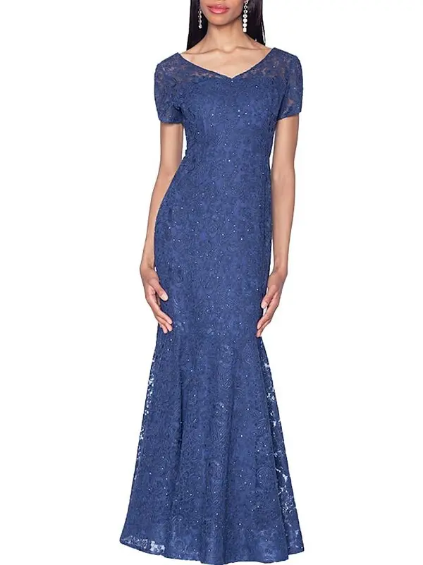 Shani V-neck Lace Gown With Allover Crystals - Navy