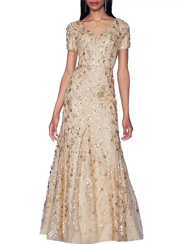 Shani V-neck Embroidered Gown - Gold