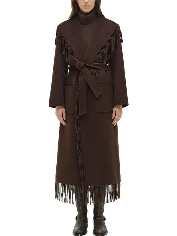 Simkhai Carrie Fringe Trim Belted Coat - Chocolate
