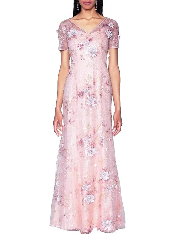 Shani V-neck Gown With 3d Floral Appliques - Champagne