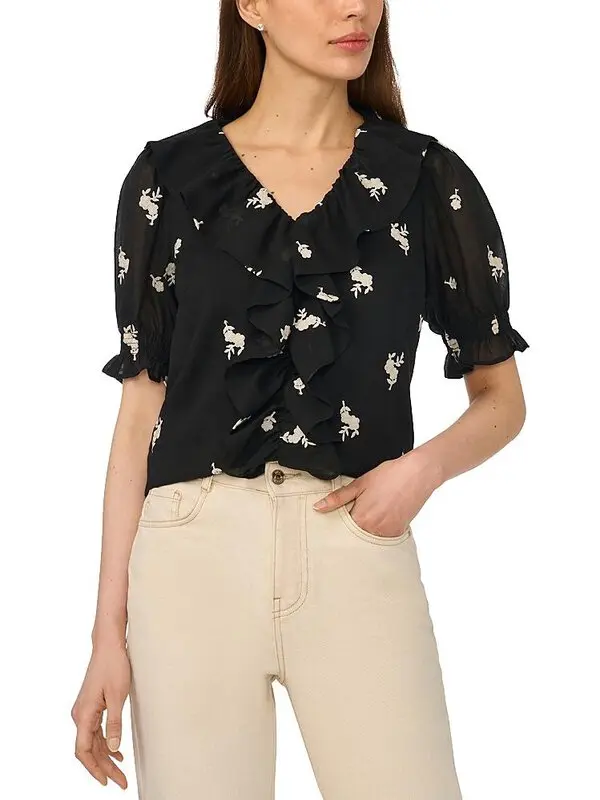 CECE DUPRAZ Embroidered Puff Sleeve Top - Rich Black