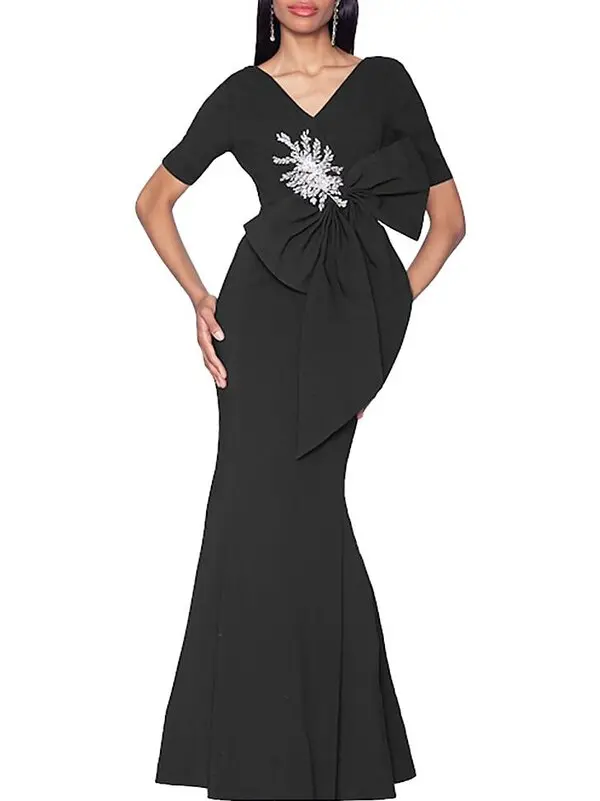 Shani V-neck Gown With Dramatic Bow And Crystal Embellishment - Black