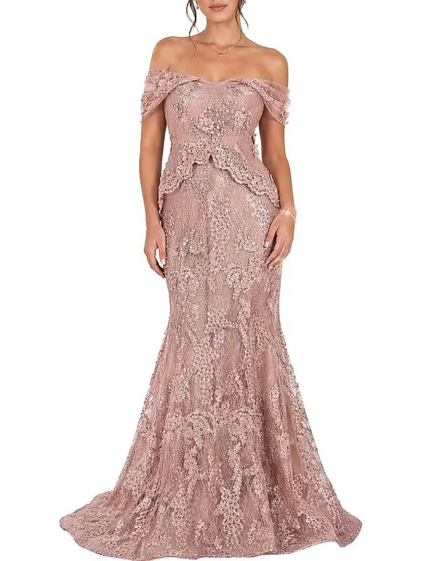 Shani Off-the-shoulder Embroidered Gown With 3d Appliqu - Petal