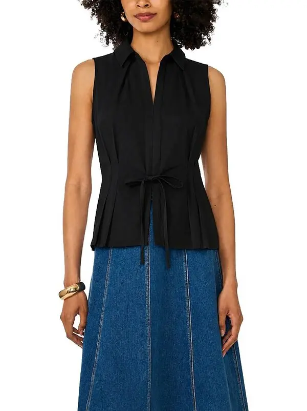 1.State Collared Tie Front Sleeveless Top - Rich Black