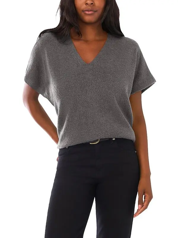Vince Camuto V-neck Short Sleeve Boxy Top - Medium Heather Grey