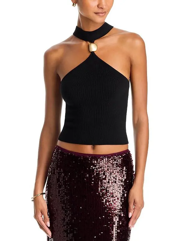 Simkhai Renlen Sleeveless Merino Wool Halter Top With Metal Detail - Black