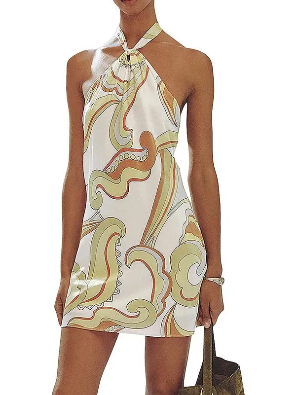 REFORMATION Printed Silk Halter Mini Dress - Isola