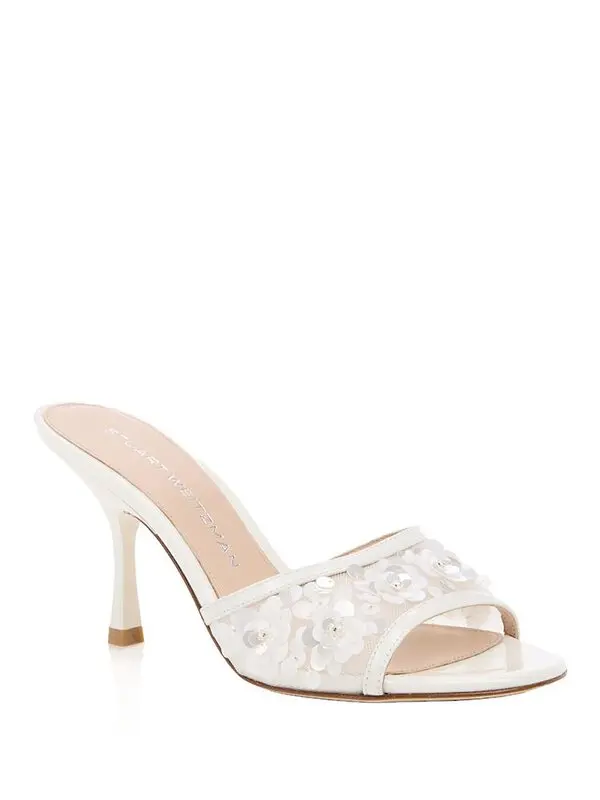 STUART WEITZMAN Embellished Floral Slide Sandals - White