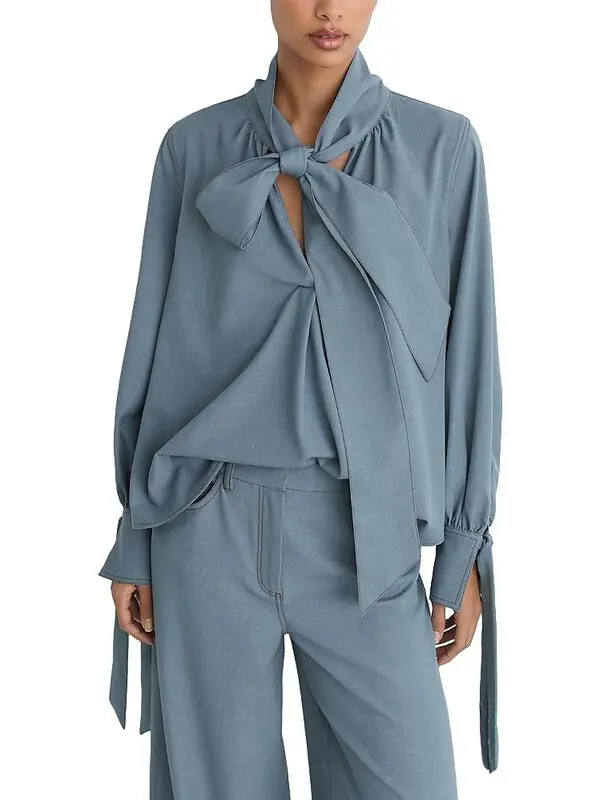 REISS Charlotte Tie Neck Blouse - Light Blue