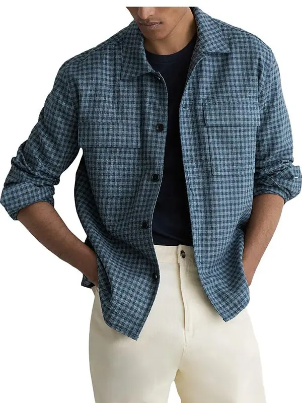 REISS Sever Cotton Blend Linen Check Overshirt - Indigo