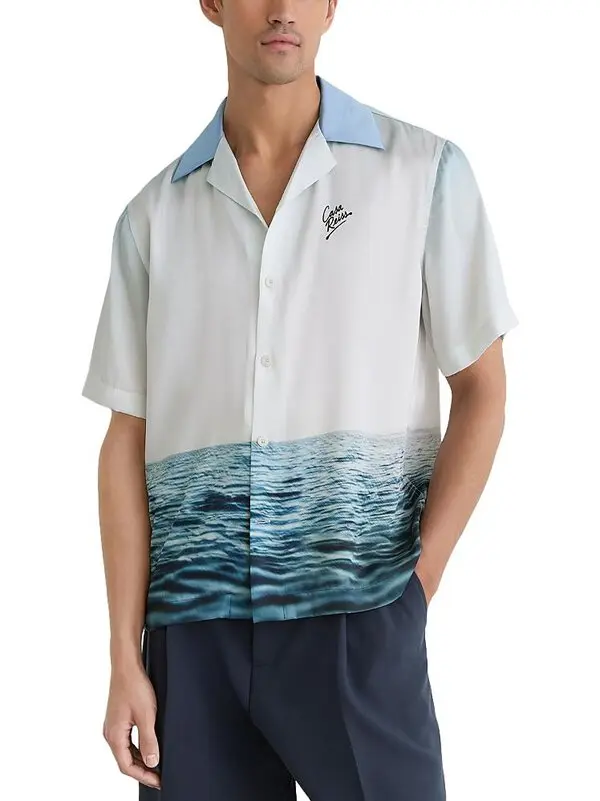 REISS Dive Landscape Cuban Collar Shirt - Soft Blue