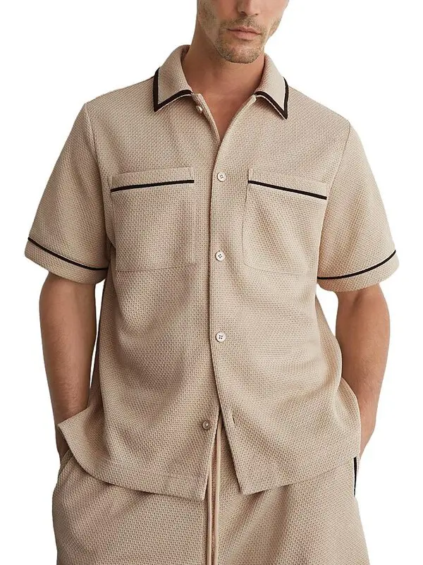 REISS Weaver Short Sleeve Textured Piped Shirt - Stone