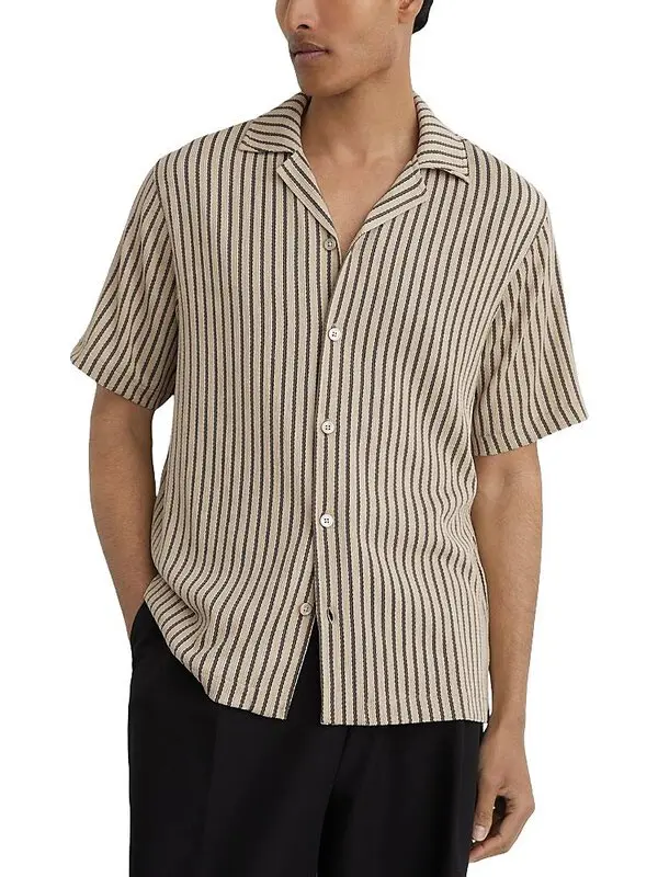 REISS Griff Textured Stripe Short Sleeve Shirt - Stone Grey