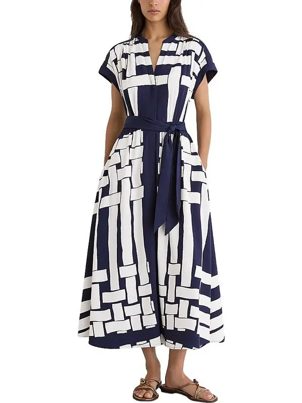REISS Printed Midi Dress - Navy/ivory