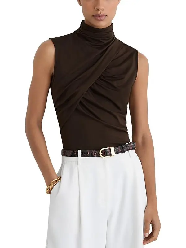 REISS Wanda Ruched High Neck Top - Chocolate