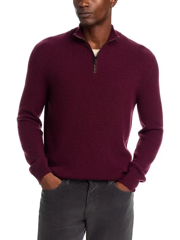 Canali Wool & Cashmere Textured Quarter Zip Knit Sweater - Dark Red